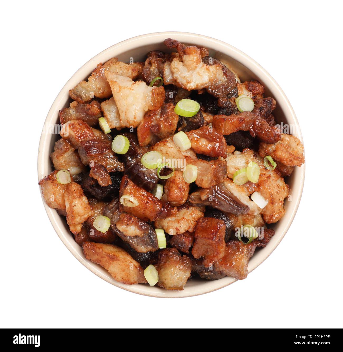 Tasty fried cracklings in bowl on white background, top view. Cooked ...
