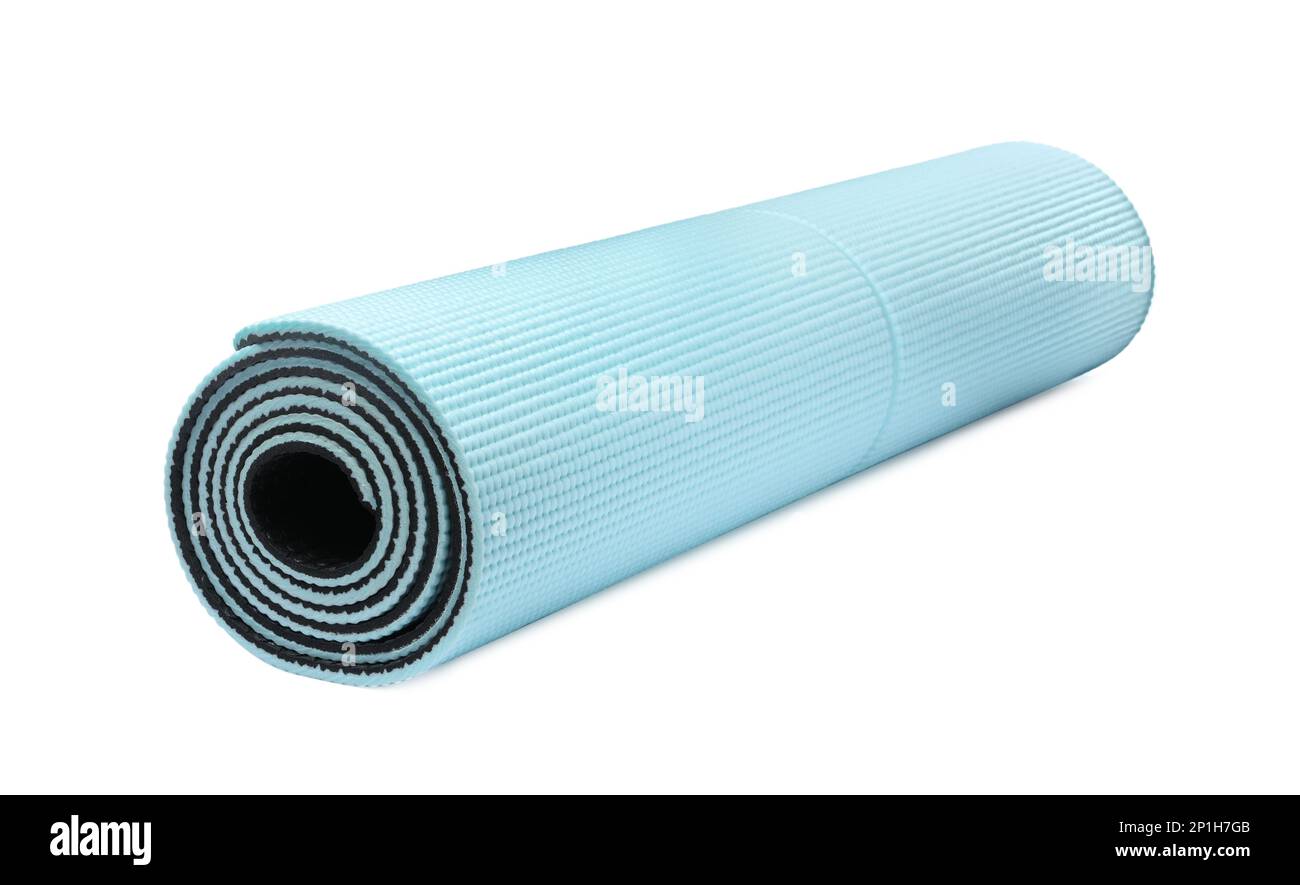 Rolled light blue camping mat isolated on white Stock Photo - Alamy
