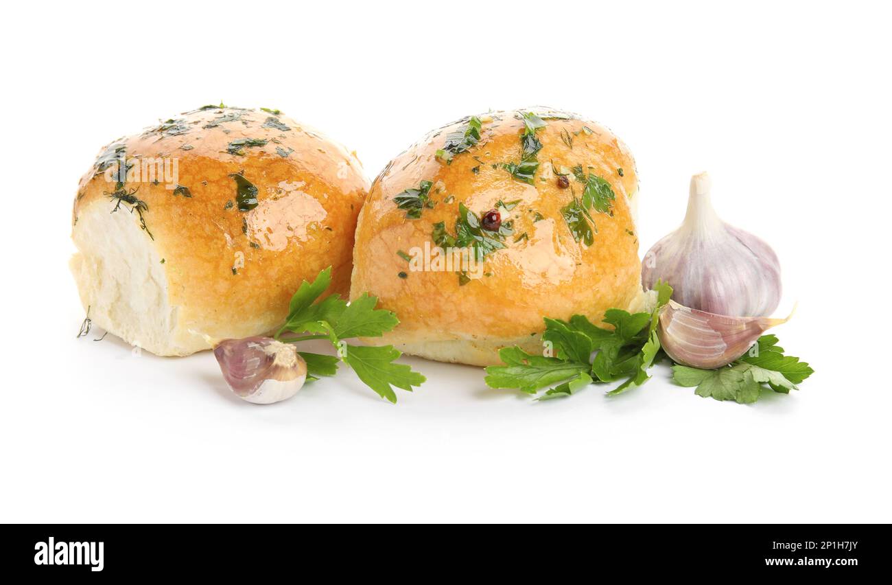 Traditional Ukrainian bread (Pampushky) with garlic and parsley on ...