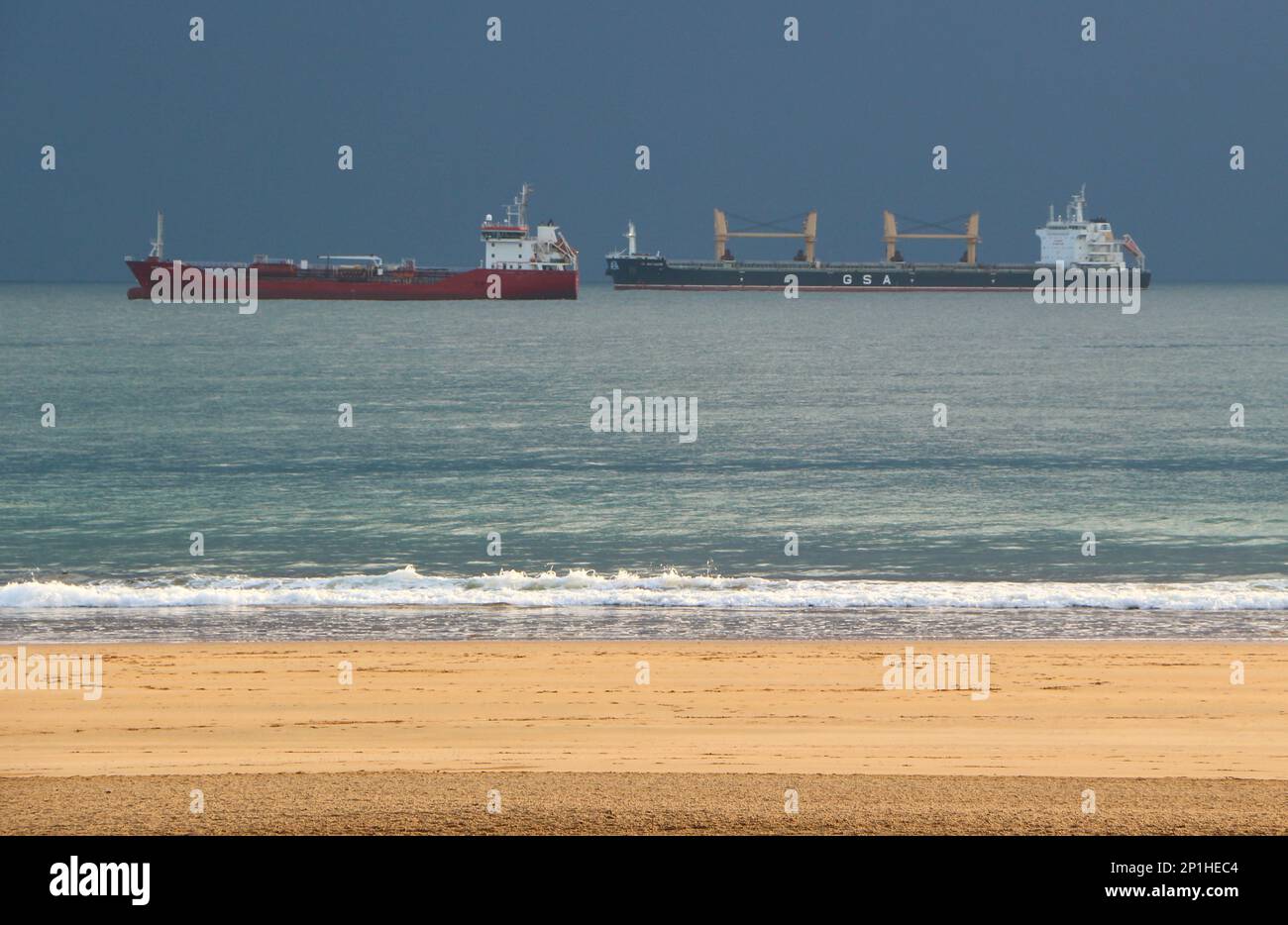 Anchored ships waiting to enter the port of Santander Cantabria Spain ...