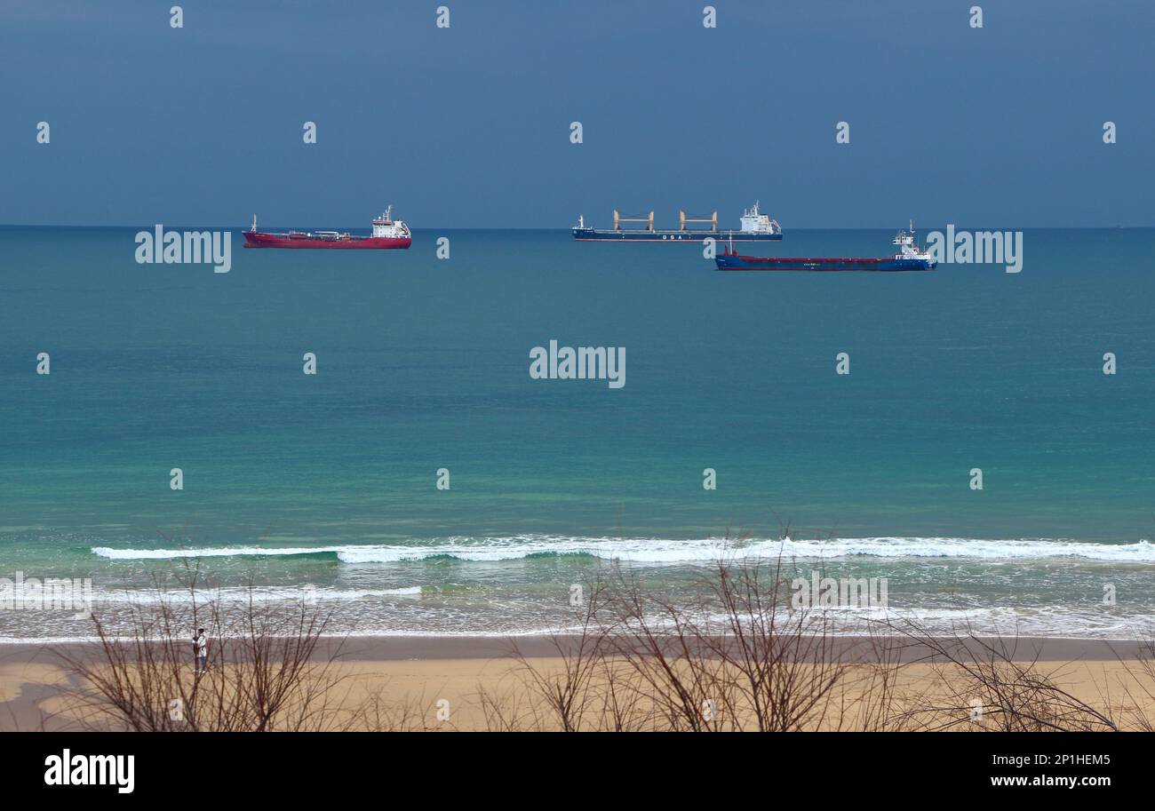 Anchored ships waiting to enter the port of Santander Cantabria Spain ...
