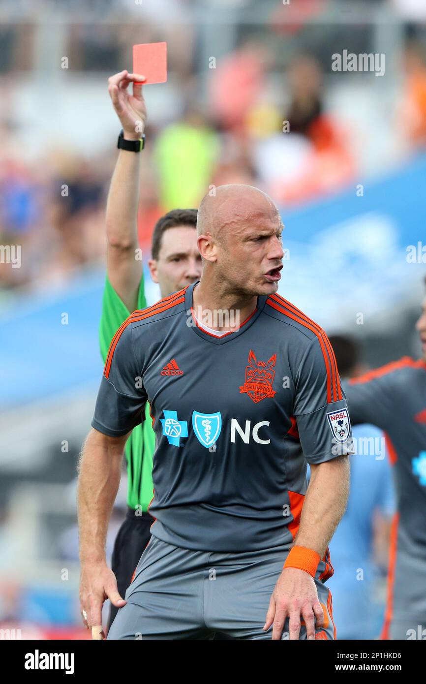 02 April 2016: Carolina's Simon Mensing (ENG) is shown the red card by ...
