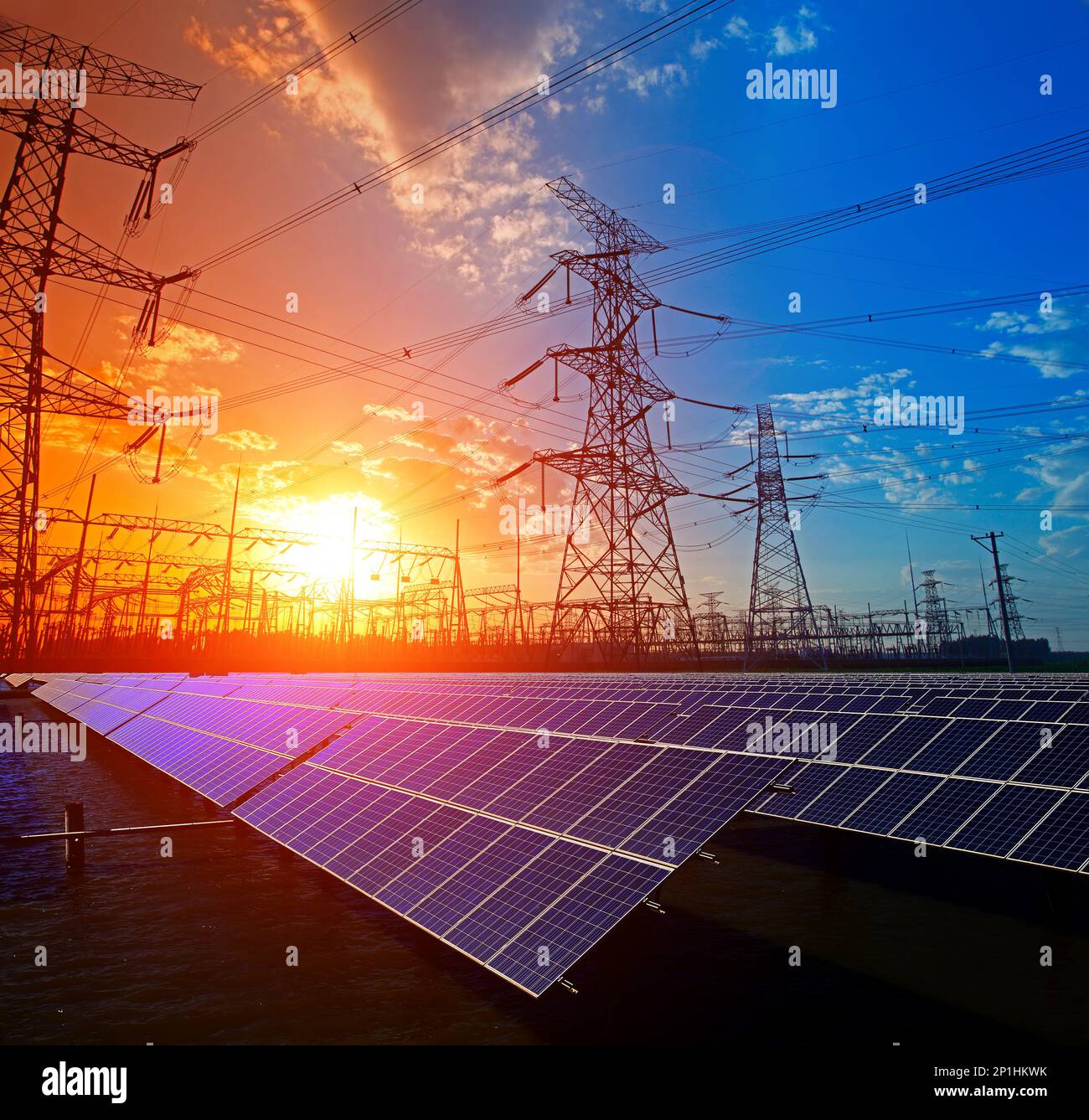 Solar panels and pylon Stock Photo - Alamy