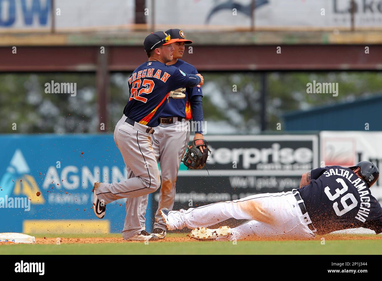 27 MAR 2016: Alex Bregman of the Astros steps on second base and forces ...