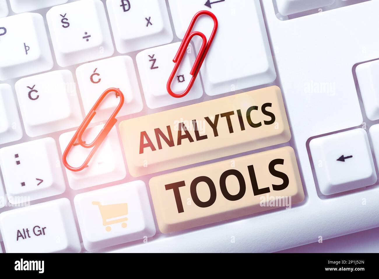Hand writing sign Analytics Tools. Business overview pieces of web application analysis software ...