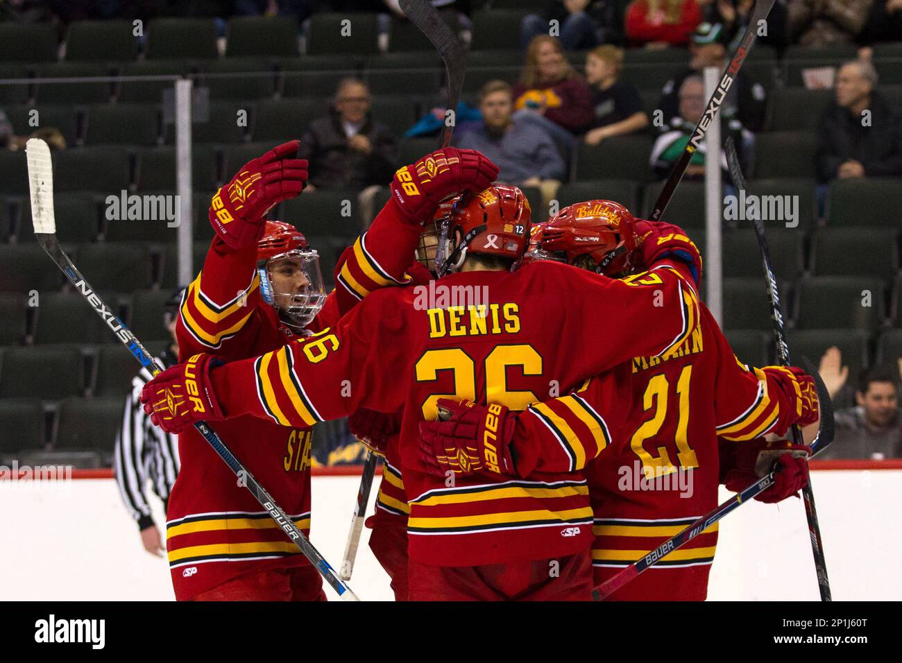 27 MAR 2016: Ferris State Bulldogs celebrate after scoring in the third ...