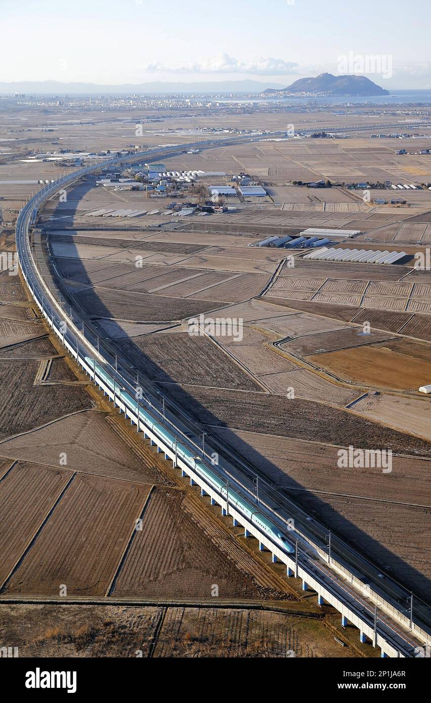A photo shows Hayabusa No. 10 leaving JR Hakodate Hokuto Station for ...