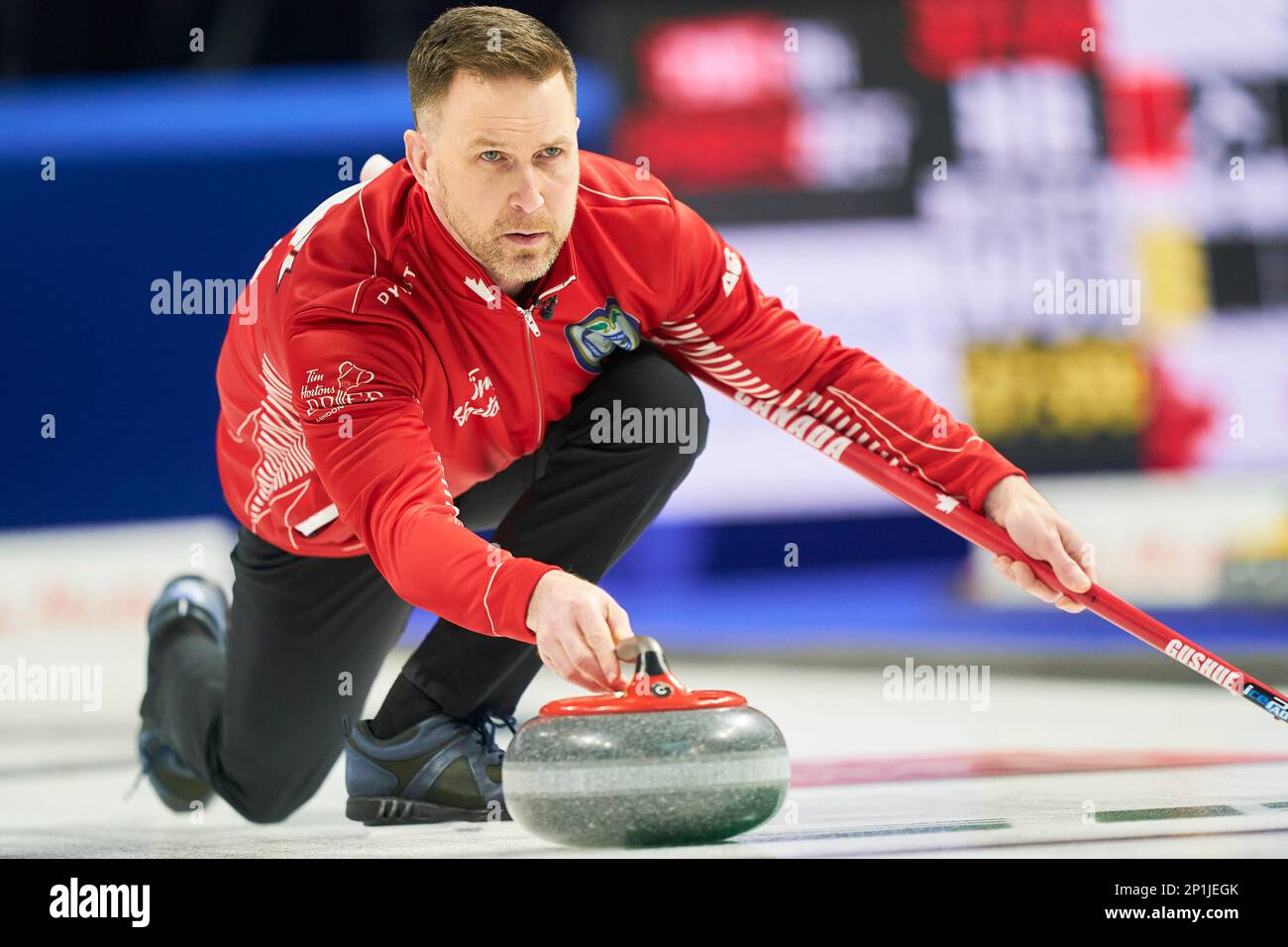 Ontario, Canada. 03rd Mar, 2023. Team Canada skip Brad Gushue throws a ...