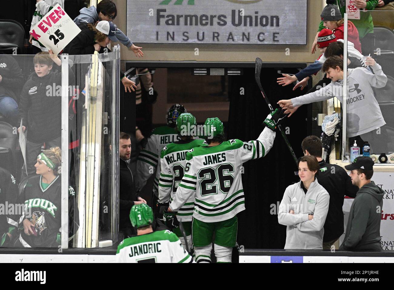 North Dakota players leave the ice after warmups before a NCAA men's ...