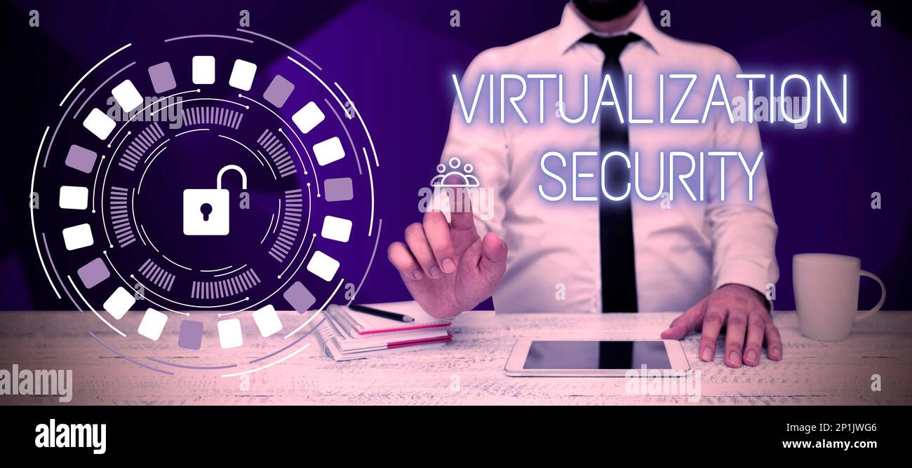 Hand writing sign Virtualization Security. Business showcase application of virtual environment ...