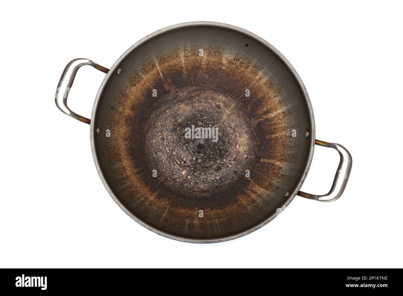 top view dirty cooking pan on white background Stock Photo - Alamy