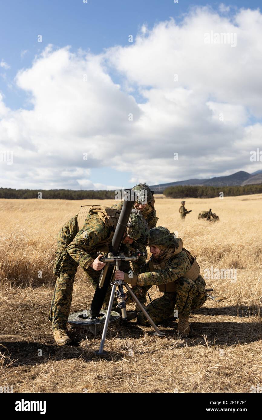 U.S. Marines with 3d Battalion, 4th Marines prepare to fire an M252 81mm mortar system as part ...