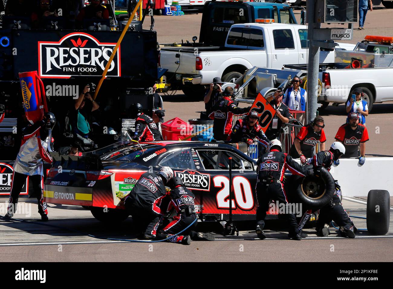 Erik Jones, Reser's Fine Foods Toyota Camry makes a pit stop during the ...