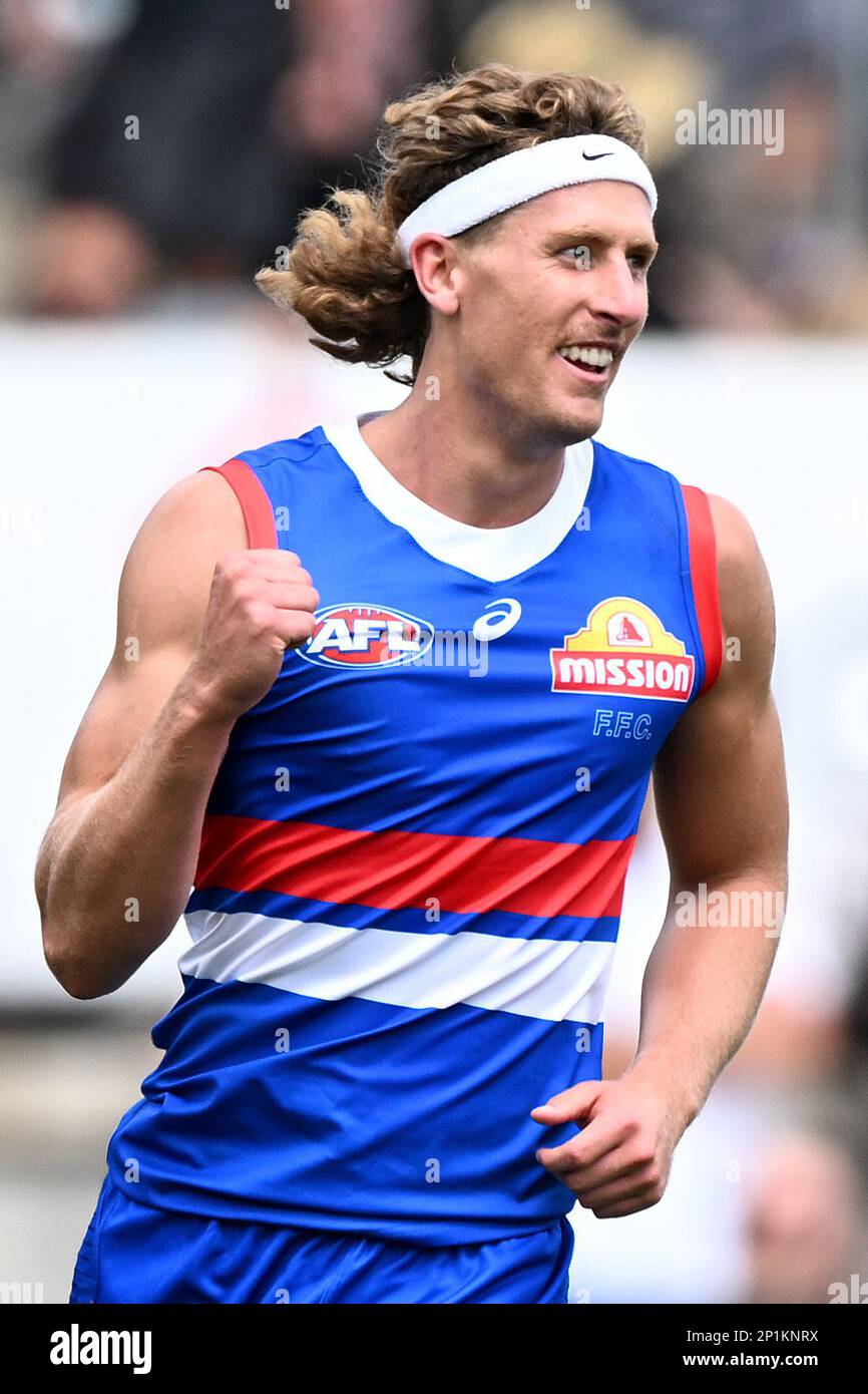 Aaron Naughton of Western Bulldogs reacts after kicking a goal during ...