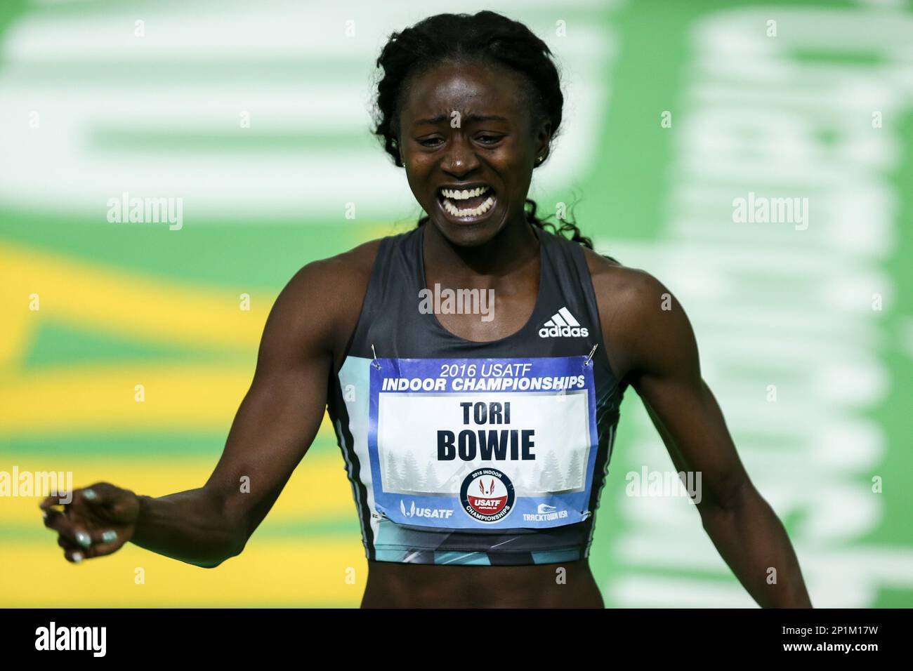 March 11, 2016 - TORI BOWIE slows down after the finish of her ...
