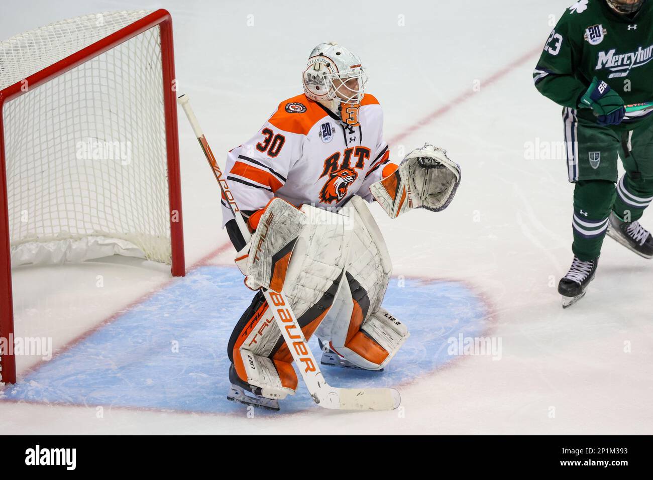 March 3, 2023: RIT Tigers goaltender Tommy Scarfone (30) prepares to ...