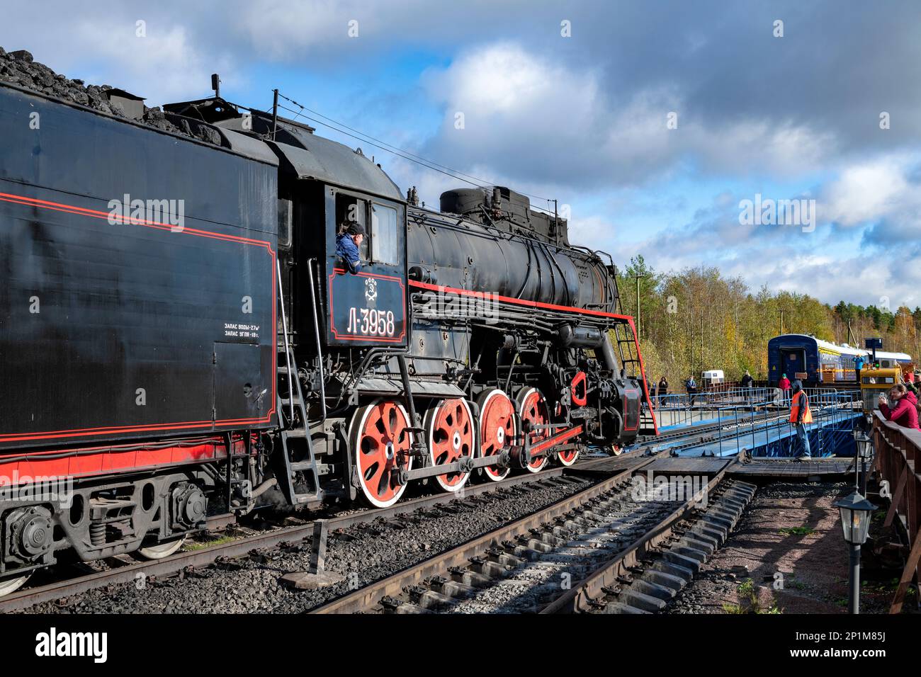 RUSKEALA, RUSSIA - OCTOBER 09, 2022: Old Soviet steam locomotive L-3958 ...