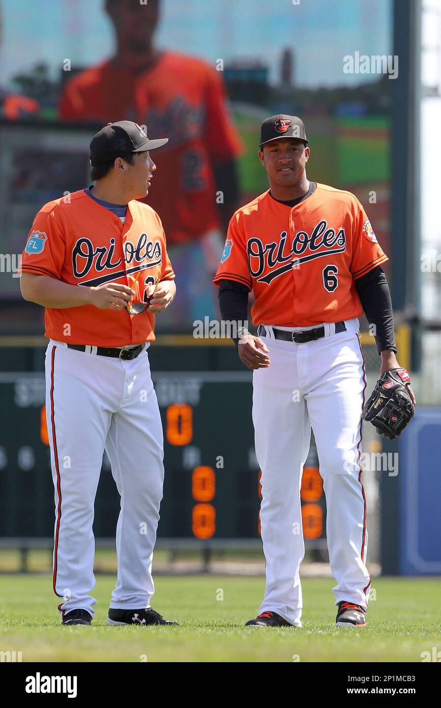 07 MAR 2016: Hyun-soo Kim (25) and Jonathan Schoop (6) of the Orioles ...
