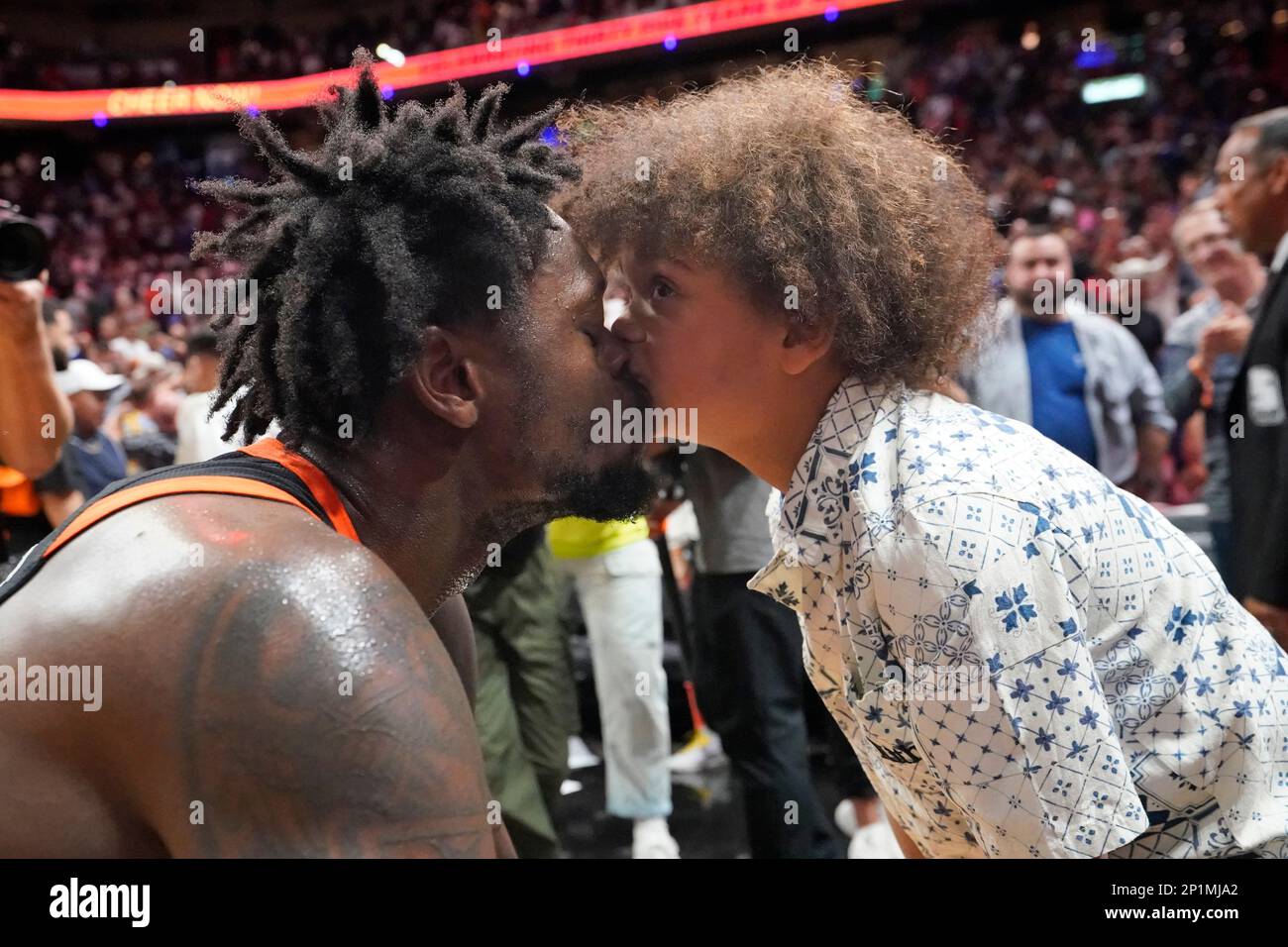 New York Knicks forward Julius Randle kisses his son Kyden Randle after ...