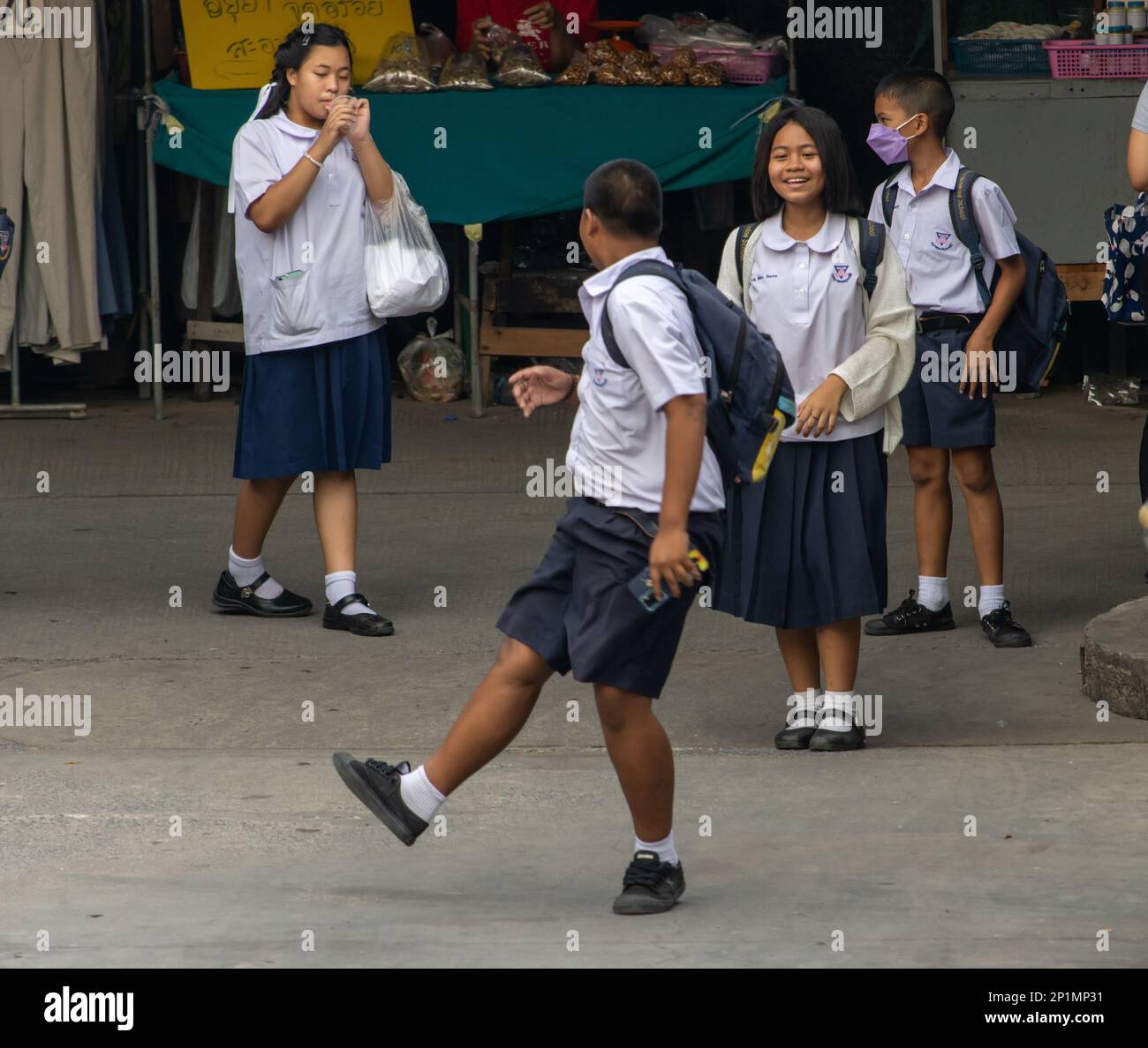 SAMUT PRAKAN, THAILAND, FEB 17 2023, Children in school uniforms play ...