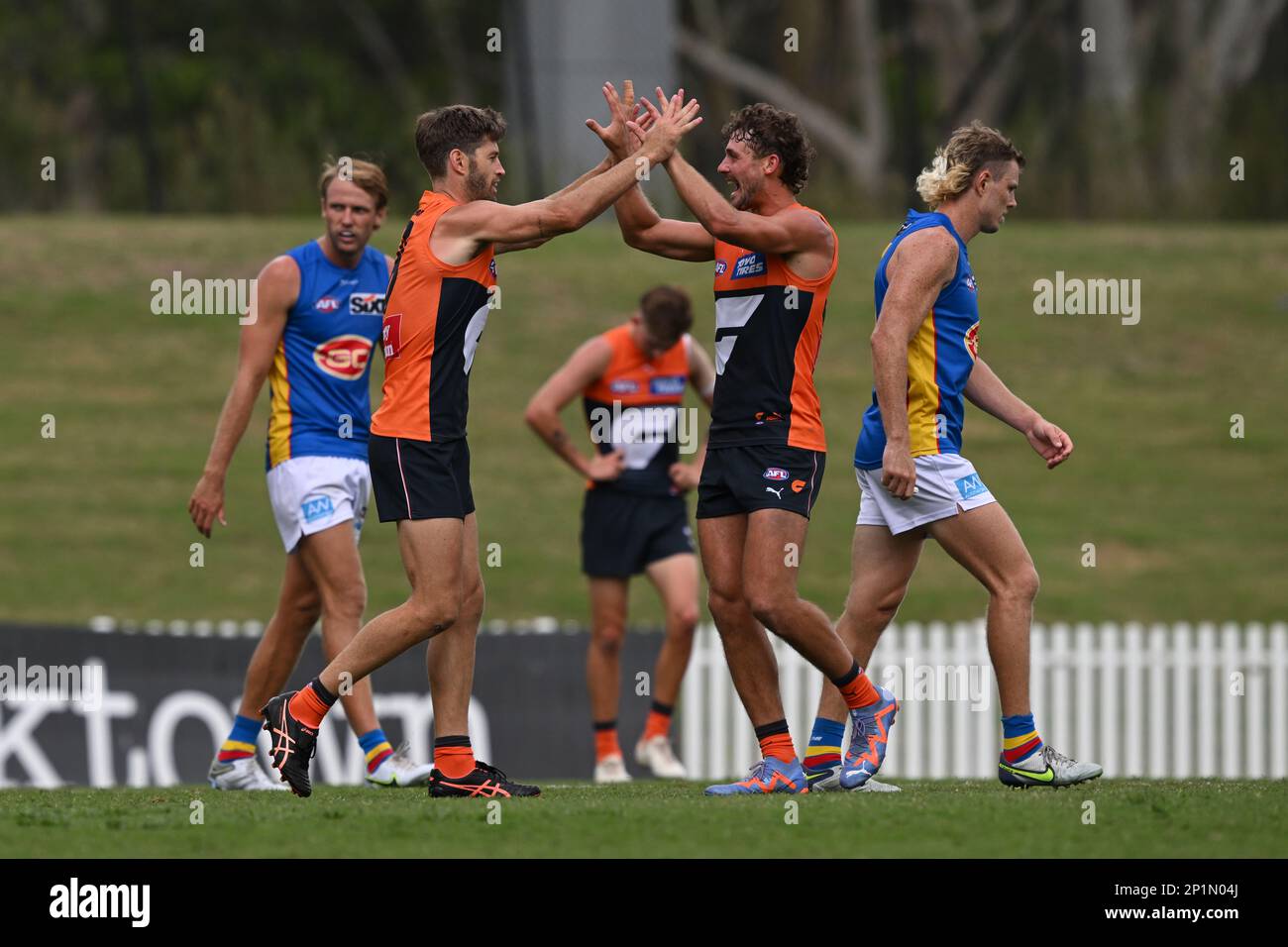 Callan Ward of the Giants celebrates a goal with Harry Perryman of the ...