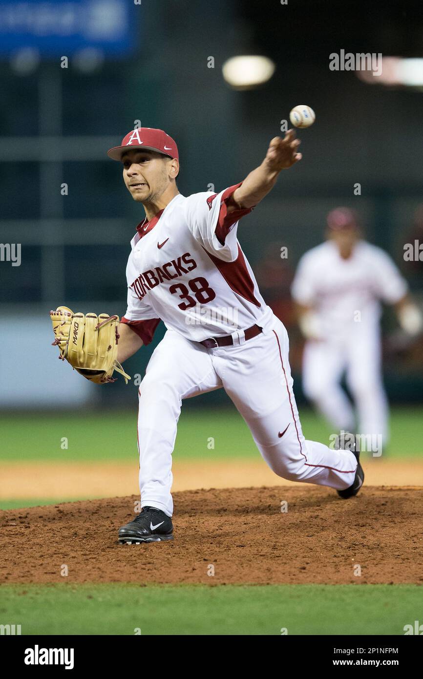 Arkansas Razorbacks relief pitcher Jordan Rodriguez (38) delivers a ...