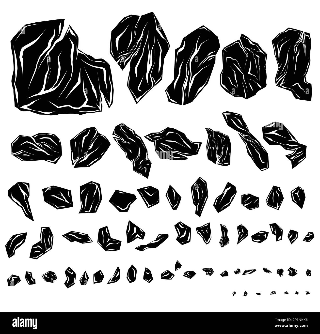 Vector set of monochrome various of broken stones. Black silhouette ...