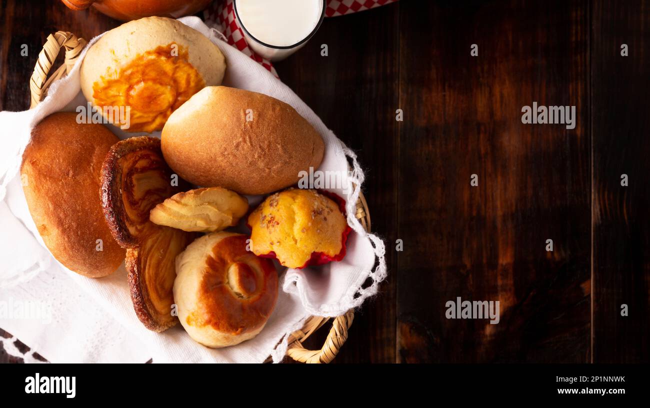 Variety of traditional Mexican sweet bread, Hojaldra, Bisquet, Cocol ...