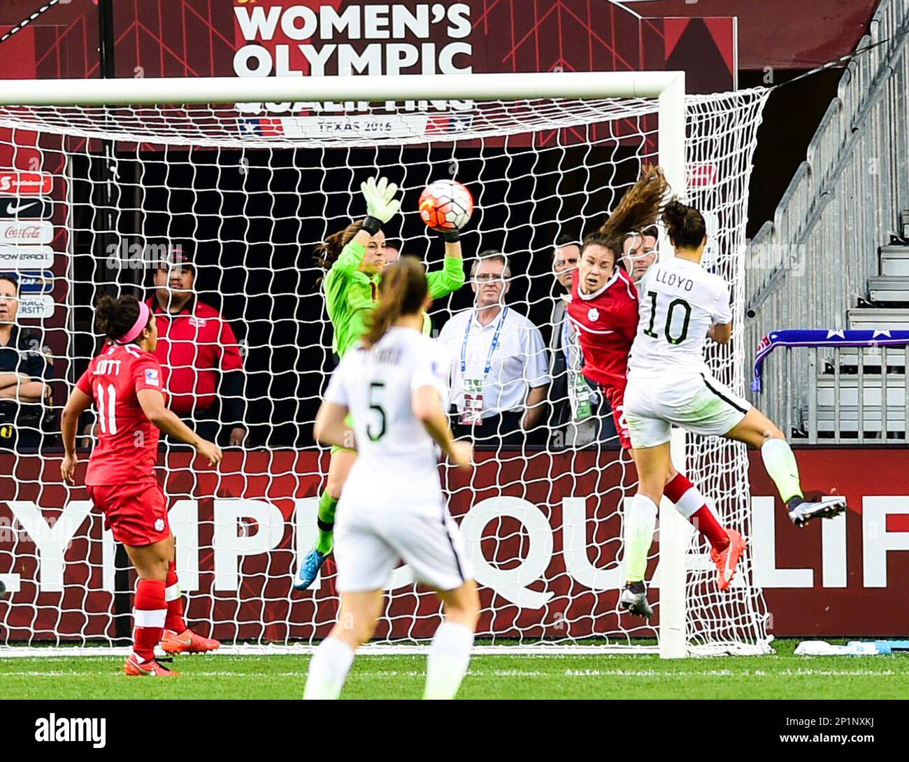 21 FEB 2016: United States Midfielder Carli Lloyd (10) hits a header ...