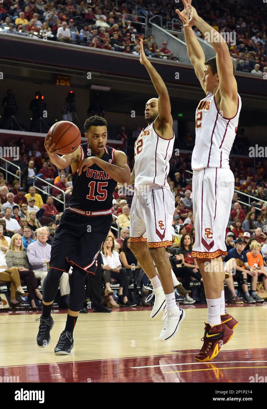 21 February 2016: Utah (15) Lorenzo Bonam passes around USC (12) Julian ...