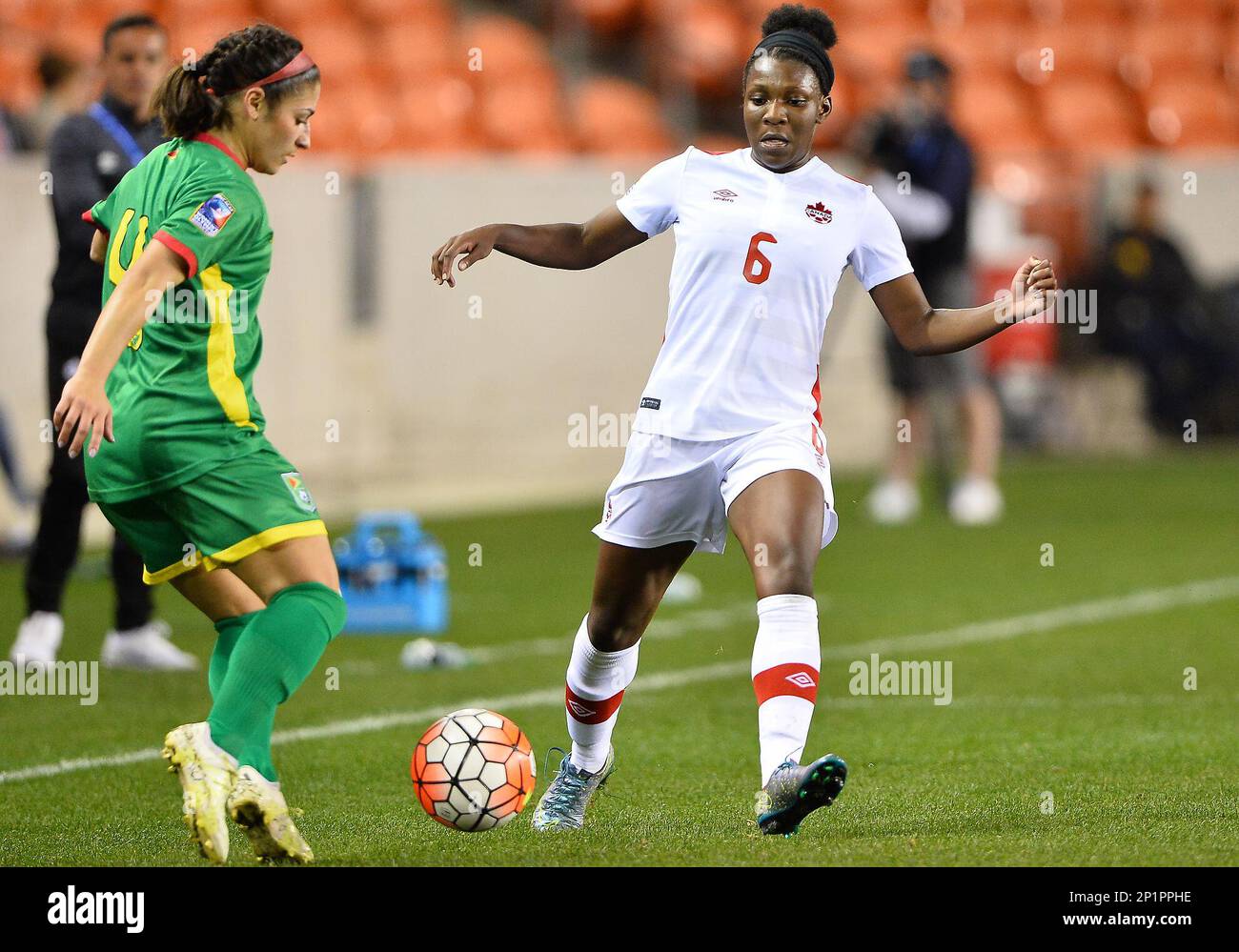 Canada's forward Deanne Rose (6) and Guyana's defender Kayla DeSouza (4 ...
