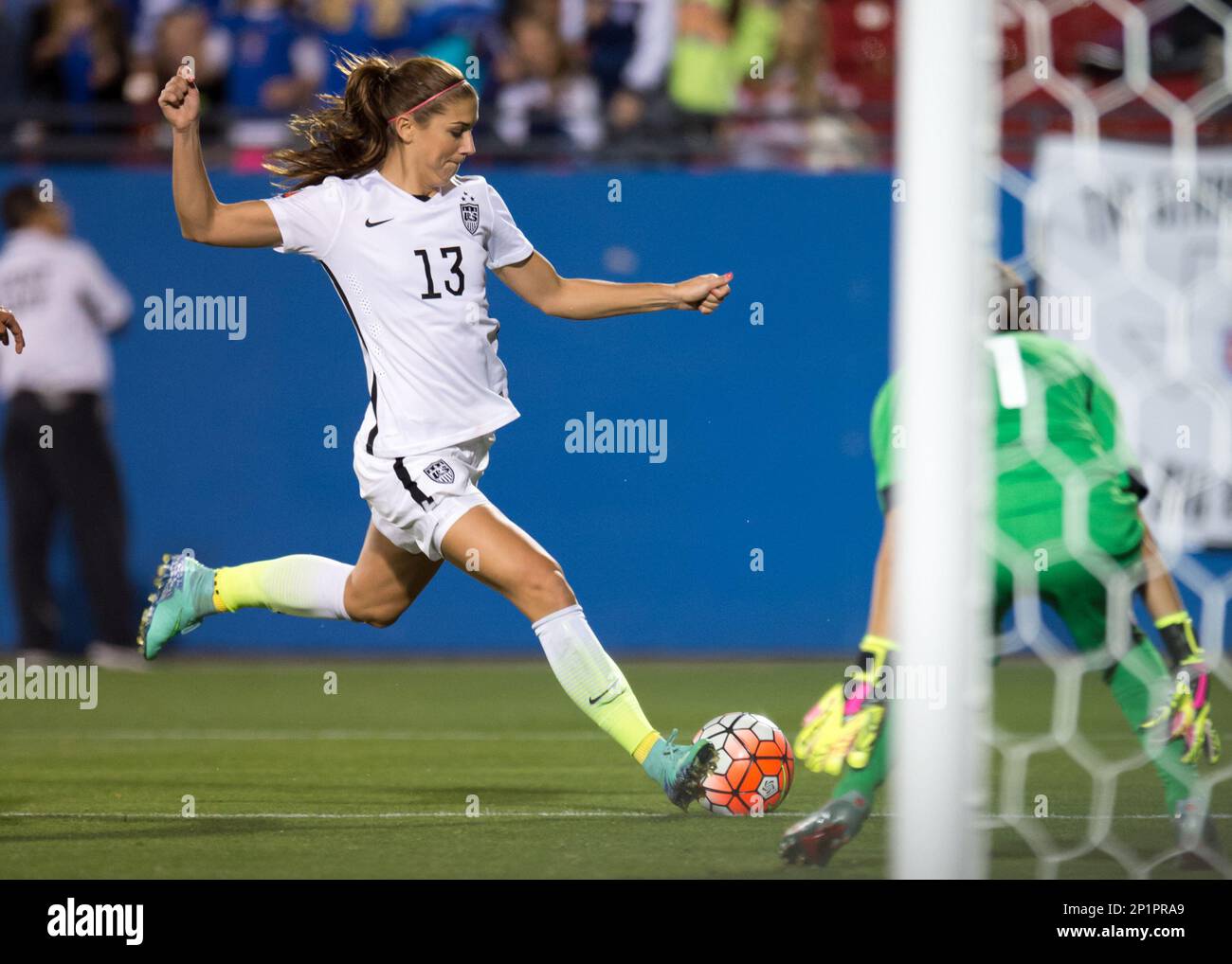February 10, 2016: United States forward Alex Morgan (13) takes a shot ...