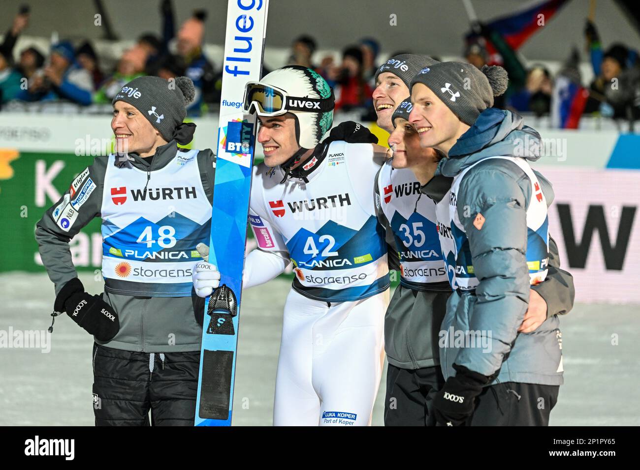 Planica, Slovenia. 03rd Mar, 2023. Timi Zajc of Slovenia (second left ...