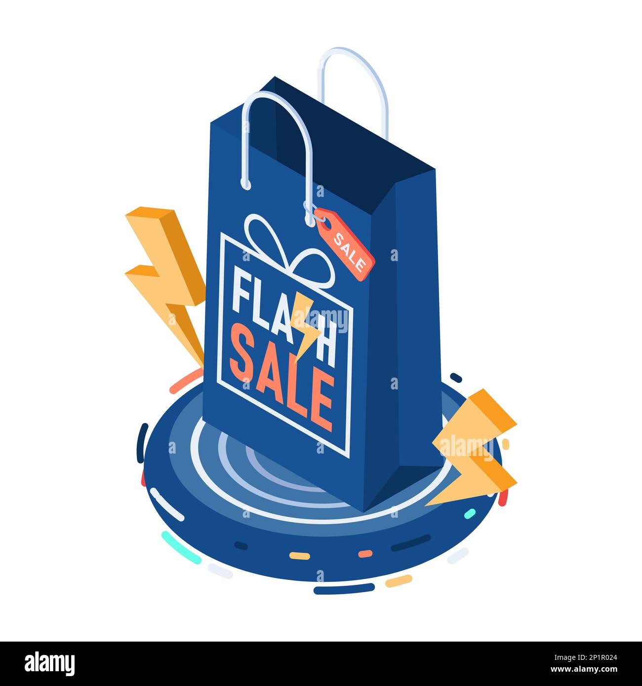 Flat 3d Isometric Shopping Bag on Platform with Lightning Bolt. Flash ...