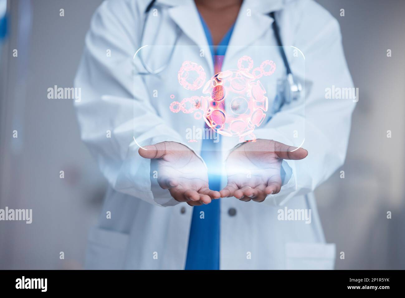 Doctor, hands and hologram of virus, medical dna evolution and digital ...