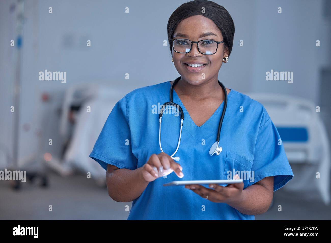 Black woman, portrait and nurse in hospital with tablet for healthcare ...