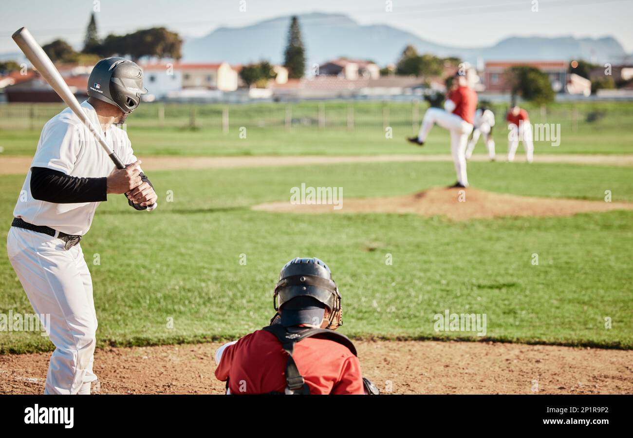 Baseball, bat and mockup with a sports man outdoor, playing a ...