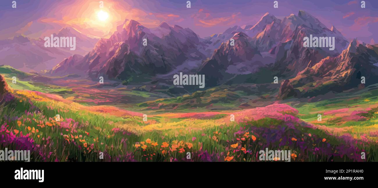 Panorama View of Spring Village with Green Meadow on Hills with Blue ...