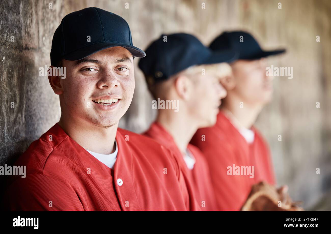 Happy baseball player portrait, bench or sports man on field at ...