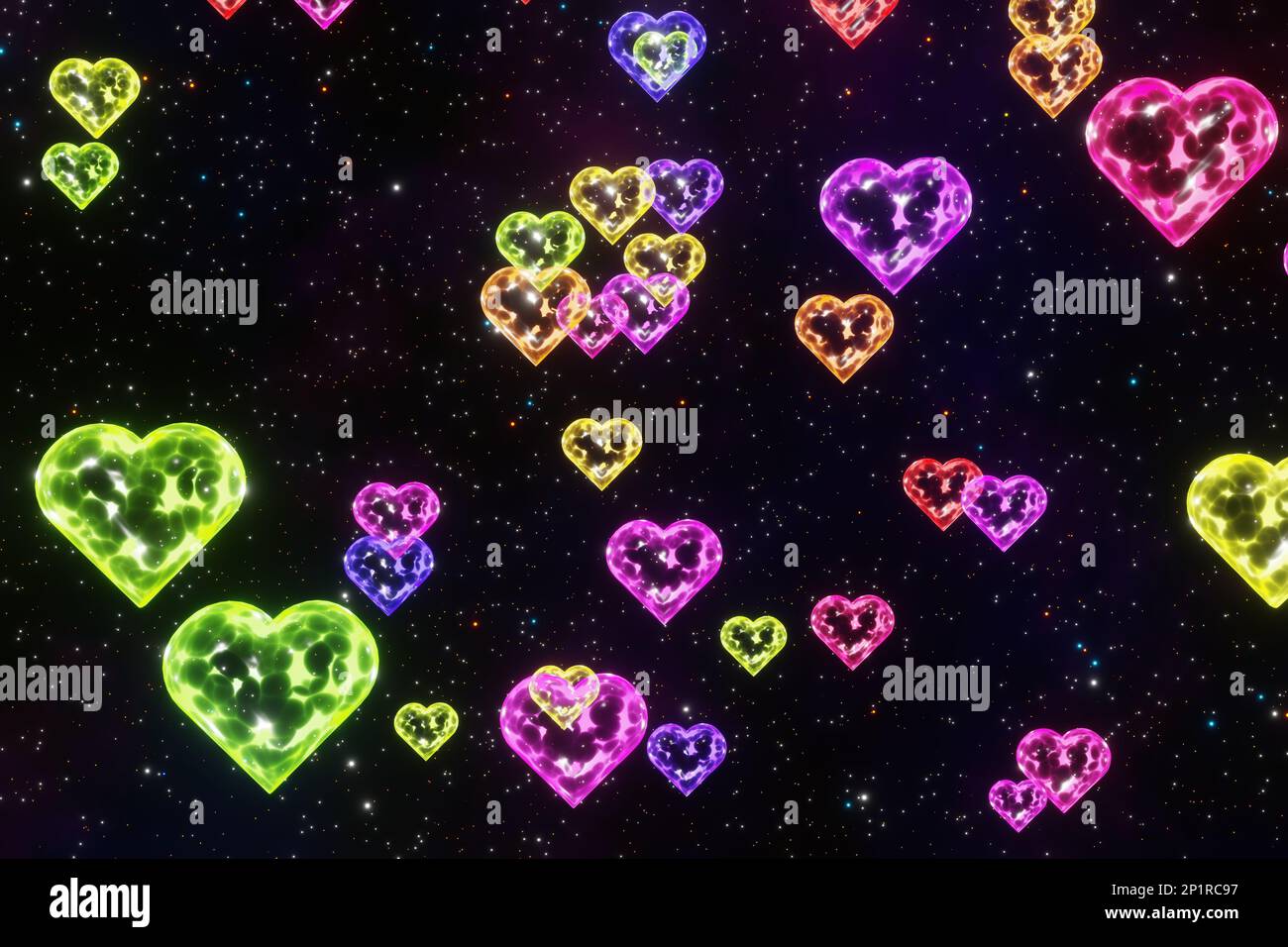 Colorful valentines day hearts on stars space background 3d render loop ...