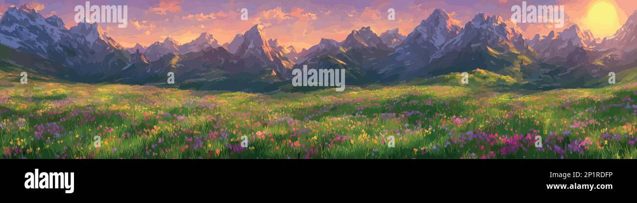 Panorama View of Spring Village with Green Meadow on Hills with Blue ...