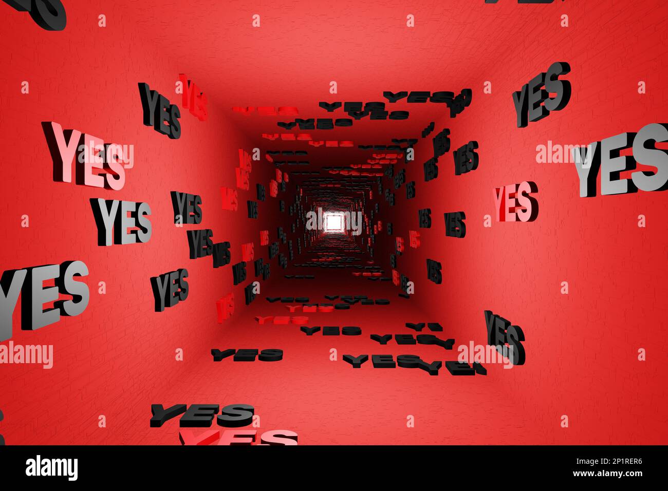 Yes symbol or yeah marks tunnel on red background 3d render. Say agree ...