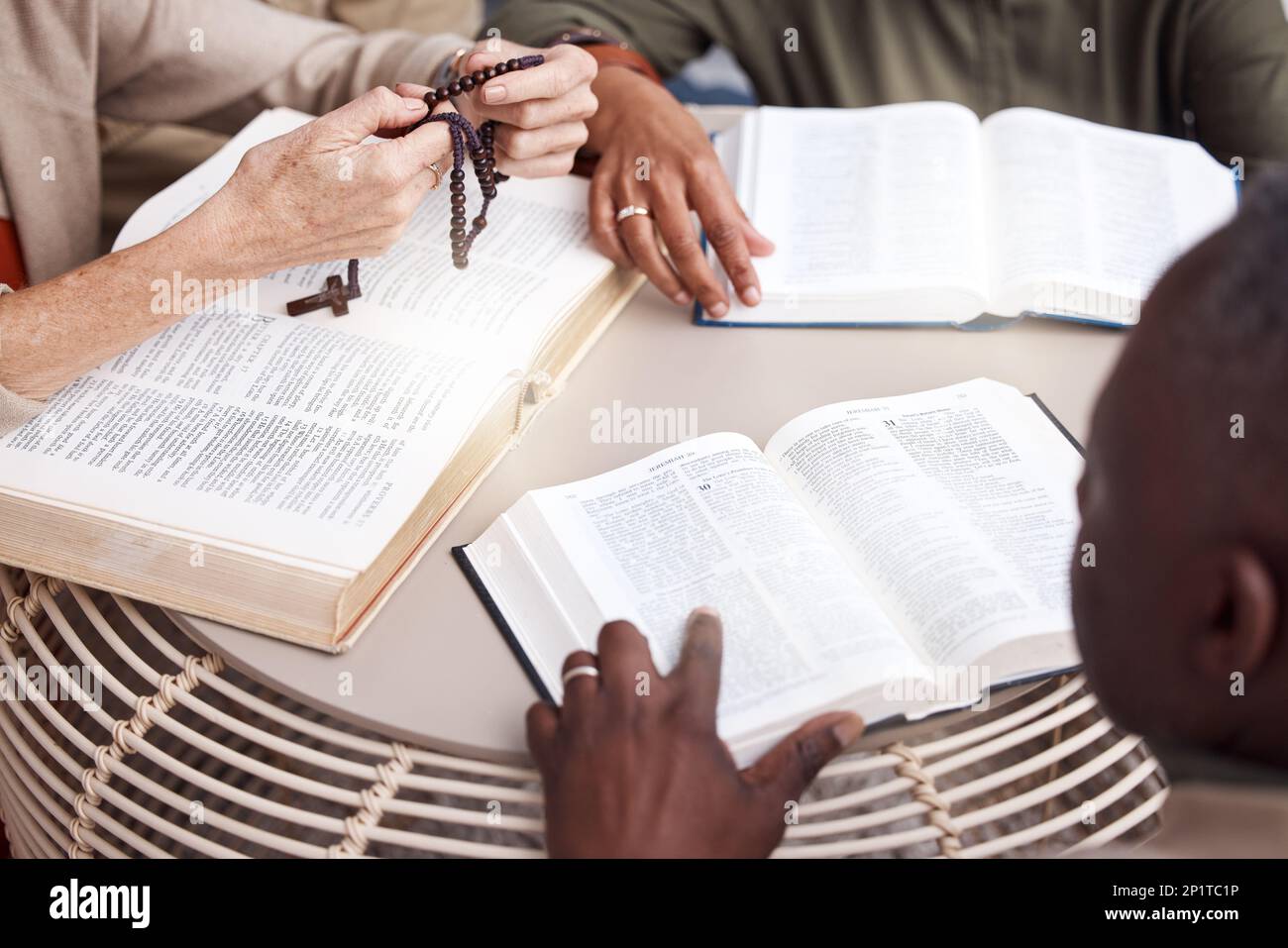 Bible, prayer group and people hands for religion support, faith and ...