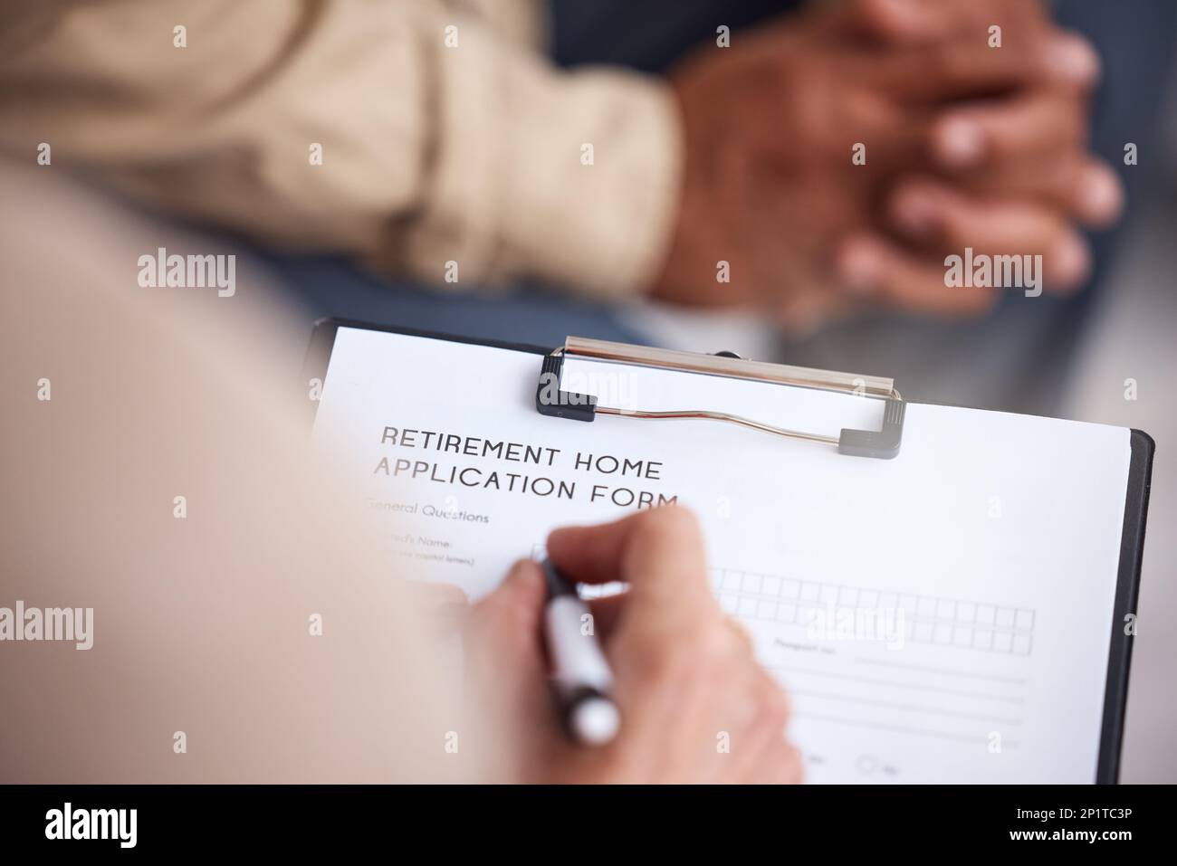 Retirement home, form application and woman hand writing resident ...