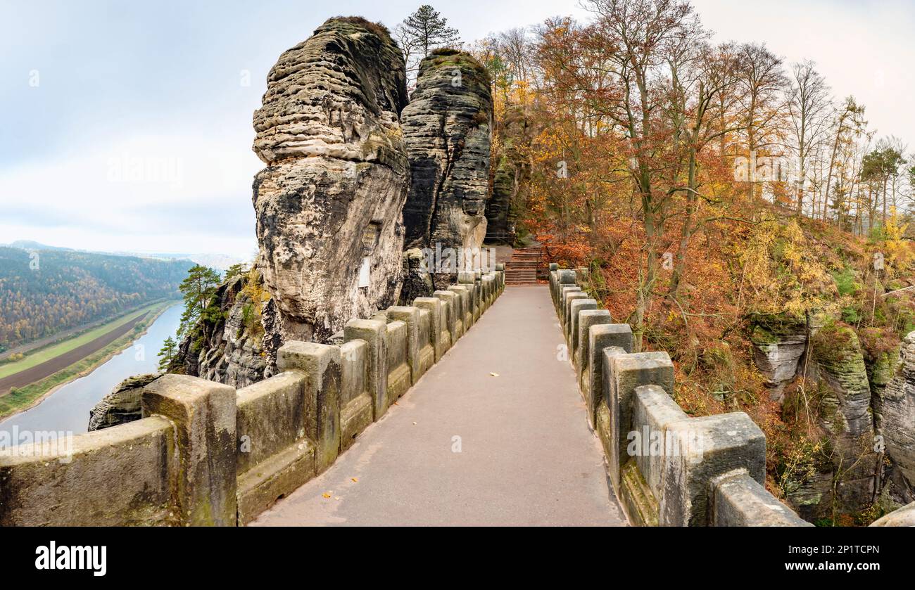 Popular Bastei Bridge in the national park Saxon Switzerland, Germany ...