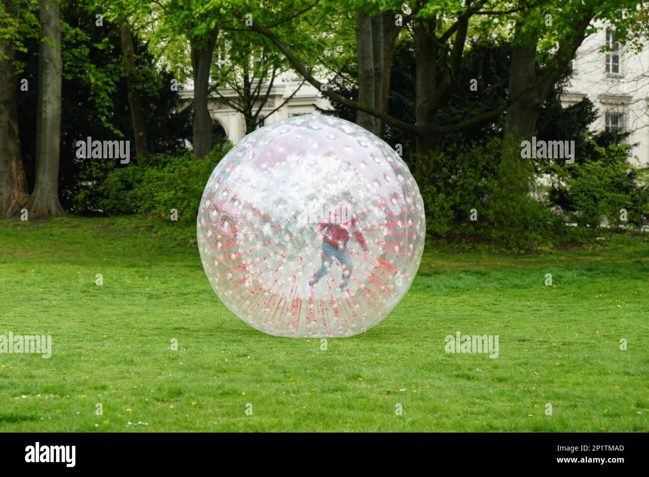 unrecognizable kid zorbing inside transparent plastic zorb ball in park ...