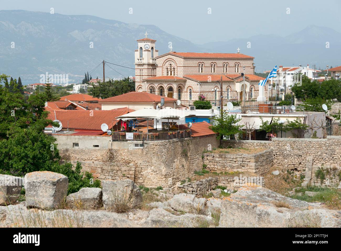 Church and ancient Corinth, Corinthia, Peloponnese, Greece Stock Photo ...