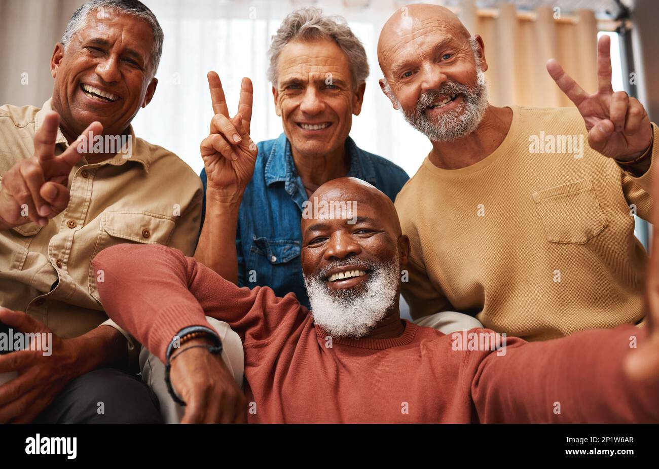 Peace, happy and portrait of men with a selfie, bonding and memory ...
