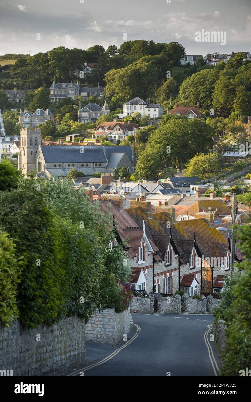 View of a coastal village in the evening sun, Beer, Lyme Bay, Devon ...