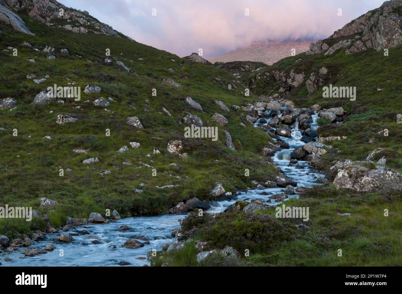 View of cascading upland river habitat at dusk, Easan Garbh Waterfalls ...